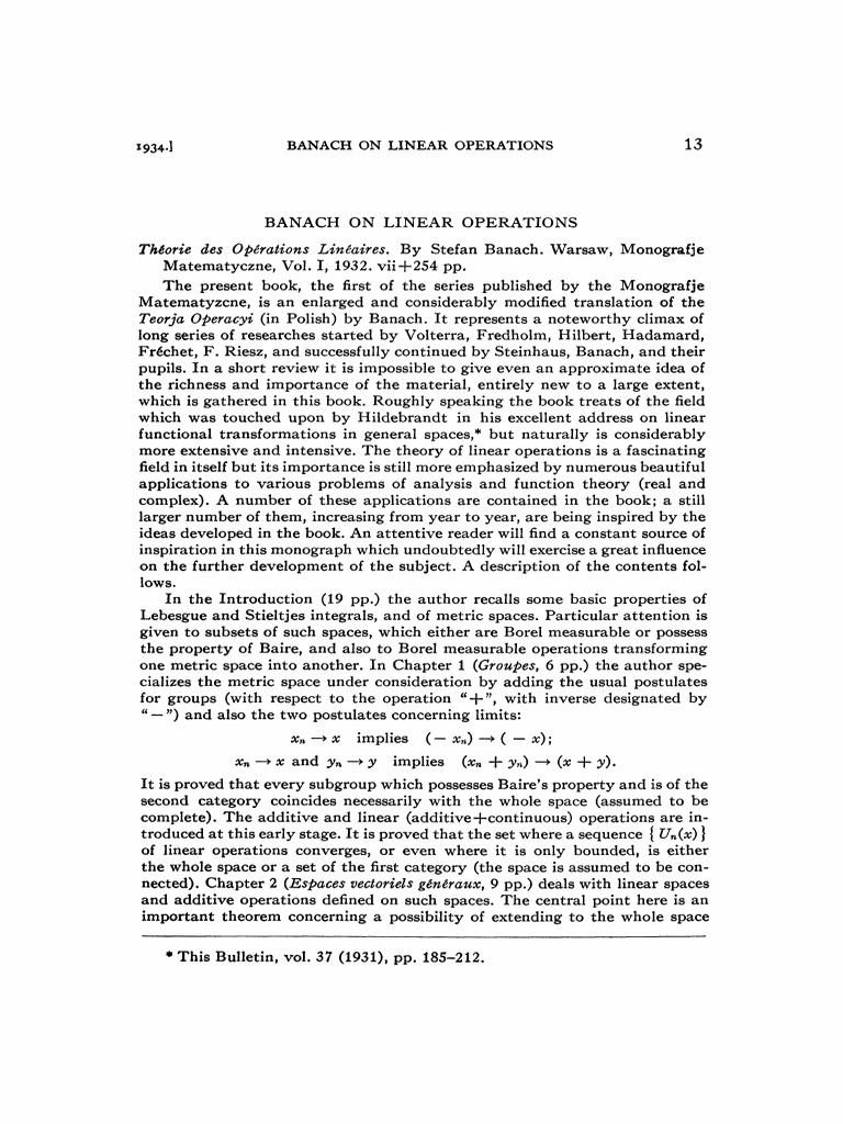Banach On Linear Operations | PDF | Banach Space | Space (Mathematics)