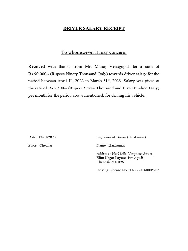 Driver Salary Receipt | PDF