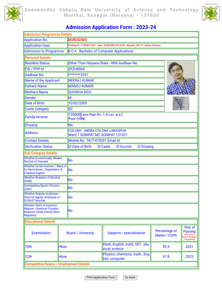 DCRUST EApplication For Admission | PDF