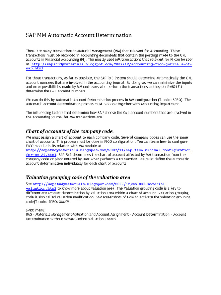 SAP MM Automatic Account Determination Guide | PDF | Valuation (Finance ...