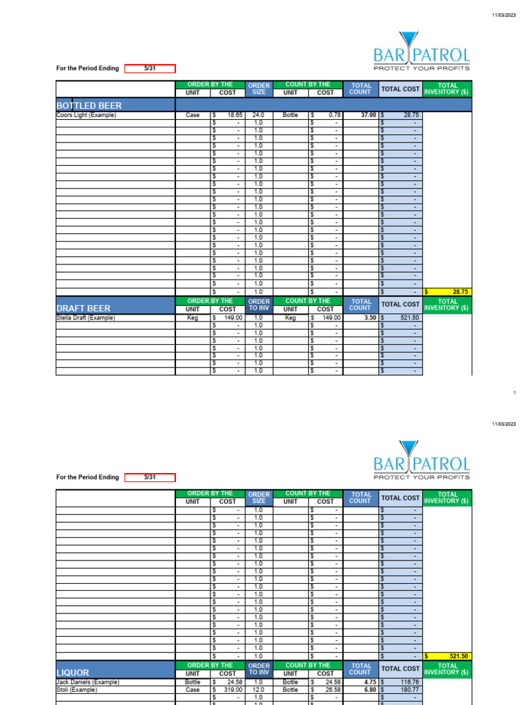 Bar Patrol Free Inventory Template | PDF