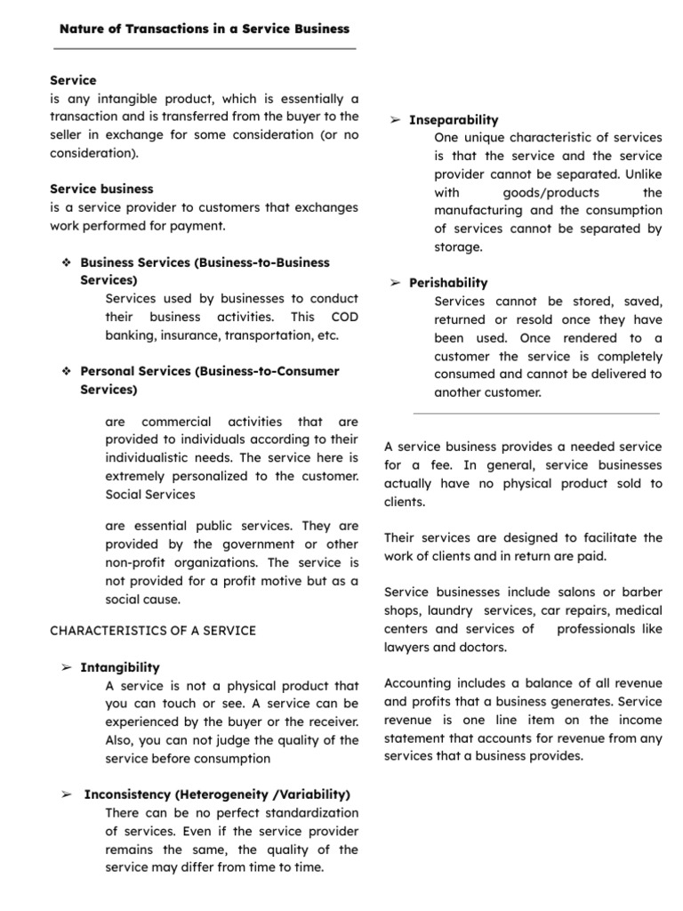 Nature of Transactions in A Service Business | PDF | Debits And Credits ...
