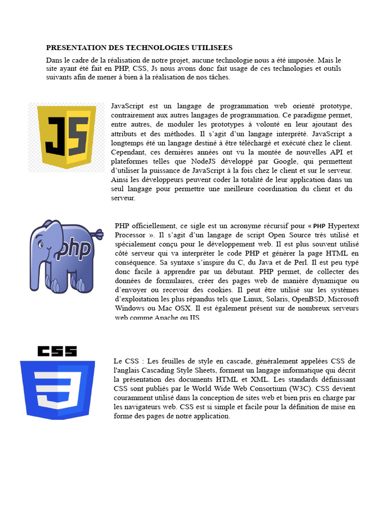 Presentation Des Technologies Utilisees | PDF | Programmation web | Internet