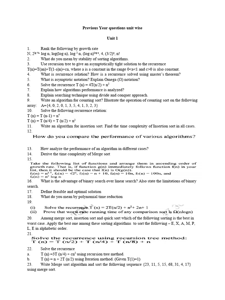Unit-wise Previous Year Questions on Algorithms | PDF | Time Complexity ...