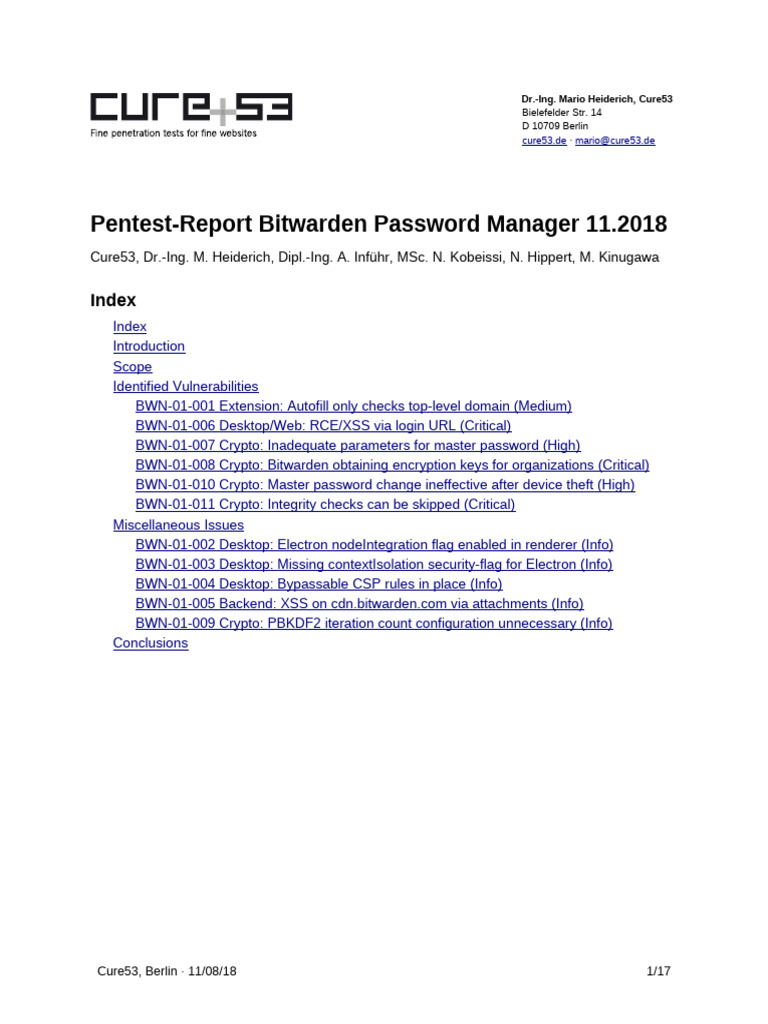 Pentest-Report Bitwarden | PDF | Password | Key (Cryptography)