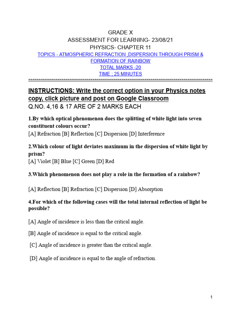 Class Test On Atmospheric Refraction & Dispersion of Light | PDF ...