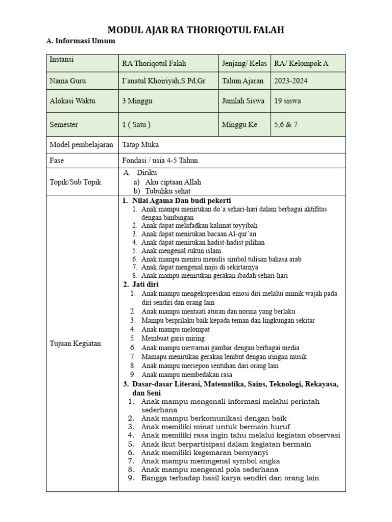 Modul Ajar Topik Diriku | PDF