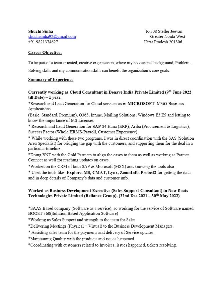 Resume CAM - Shuchi Sinha | PDF | Software As A Service | Sales