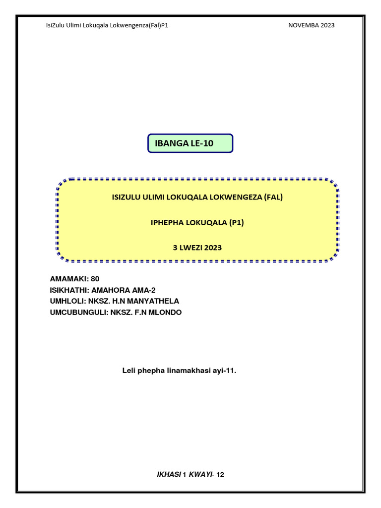Iphepha 1 Grade 10 QP Final 2023 | PDF