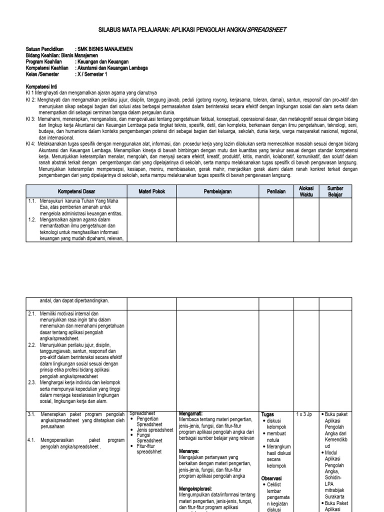 Silabus Spreadsheet SMK Bisnis | PDF | Bisnis