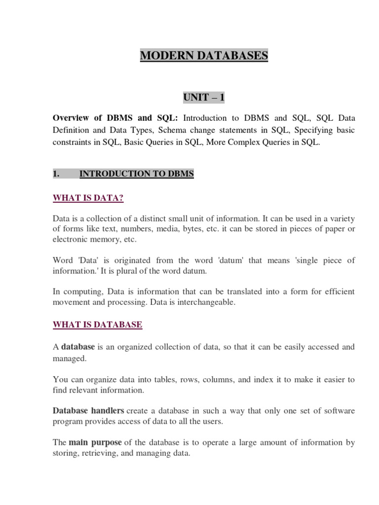 MDB Unit 1 Notes | PDF | Relational Database | Sql