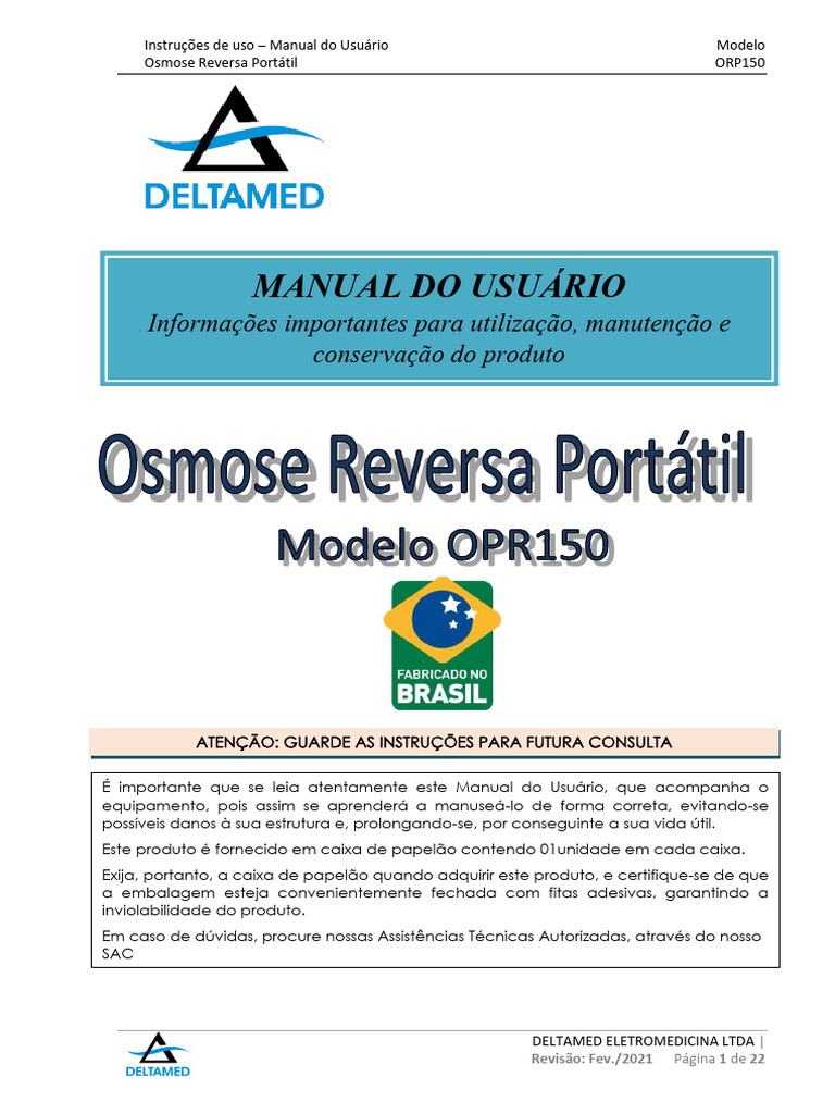 Manual Do Usuario ORP150 Versao 2021 | PDF | Desinfetante | Osmose