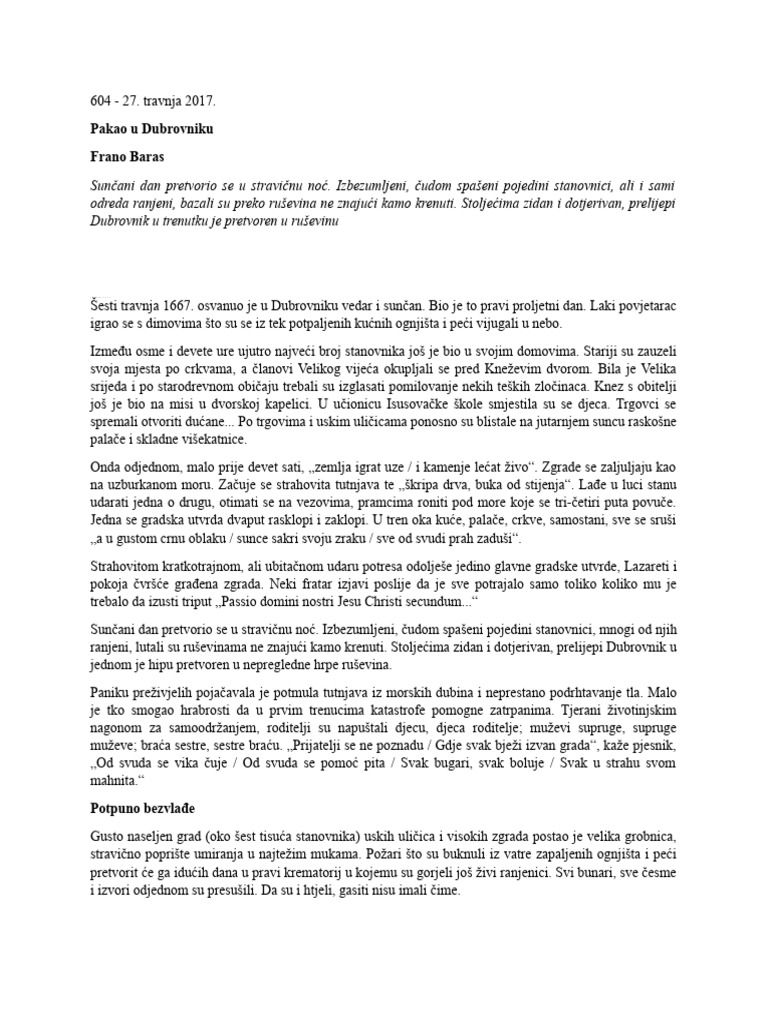 Pakao U Dubrovniku 1667. Br. 604 - 27. Travnja 2017. | PDF