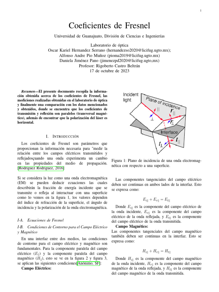 Práctica de laboratorio de Óptica “Coeficientes de Fresnel” | PDF ...