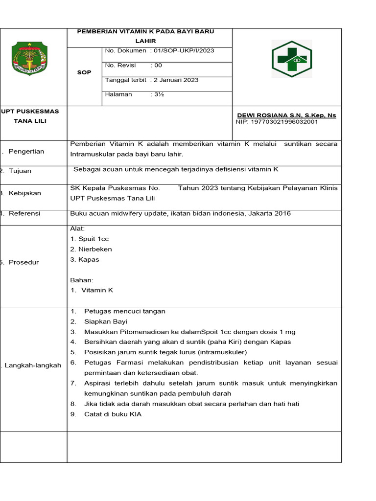 Prosedur Pemberian Vitamin K Bayi Baru Lahir | PDF