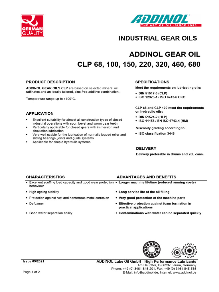 PDS - Addinol Gear Oil CLP 10, 68, 100, 150, 220, 320, 460, 680 | PDF | Lubricant | Gear
