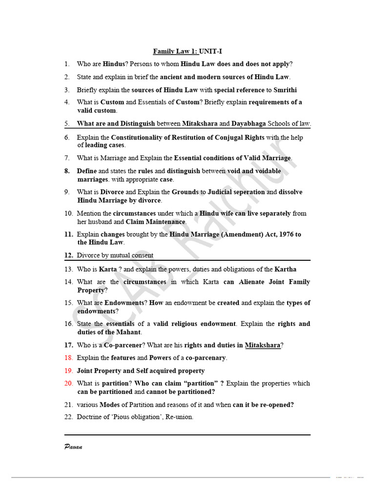 Hindu Law: Key Concepts and Questions | PDF | Marriage | Divorce