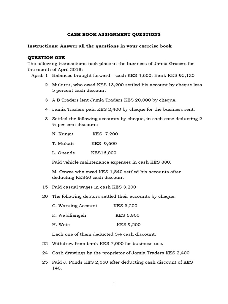 Cash Book Assignment Questions | PDF | Cheque | Banks