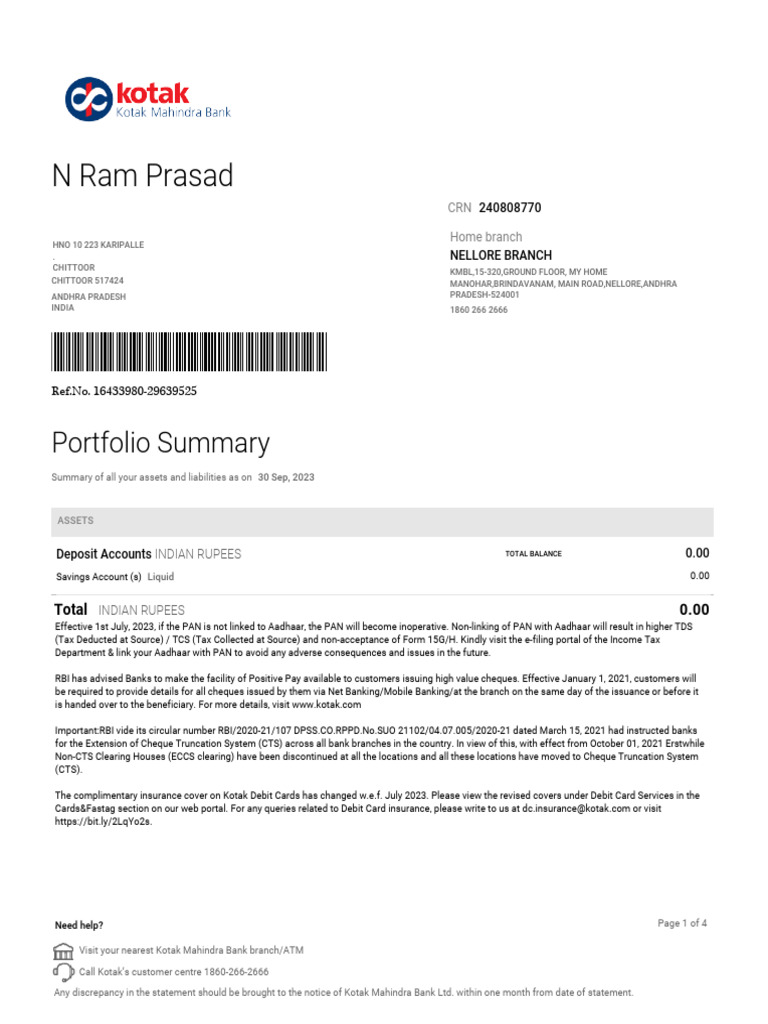 Bank Statement Kotak | Download Free PDF | Banks | Cheque