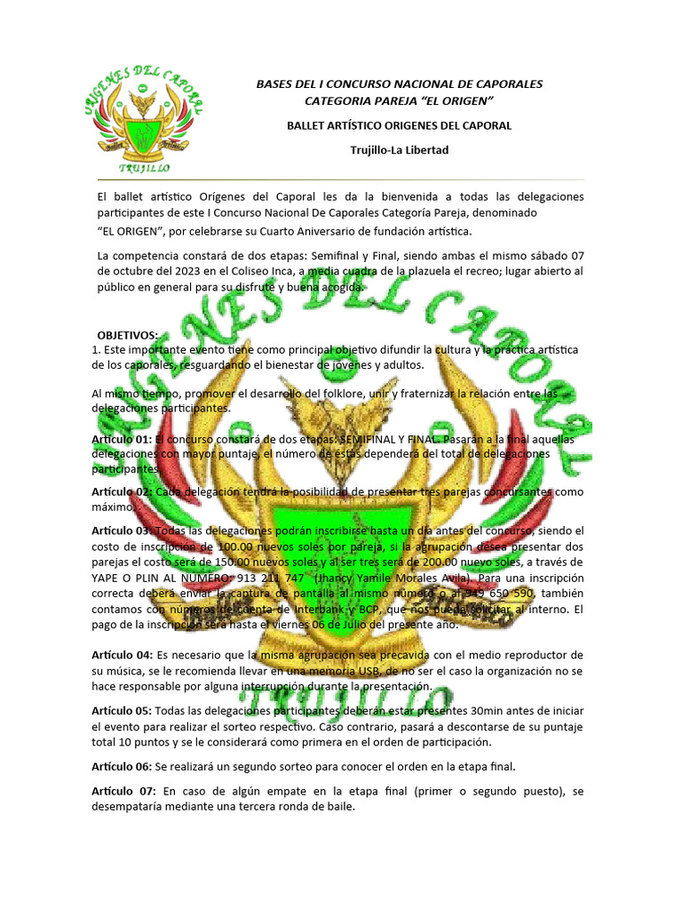 Bases Del I Concurso Nacional De Caporales En Pareja Pdf Las Artes