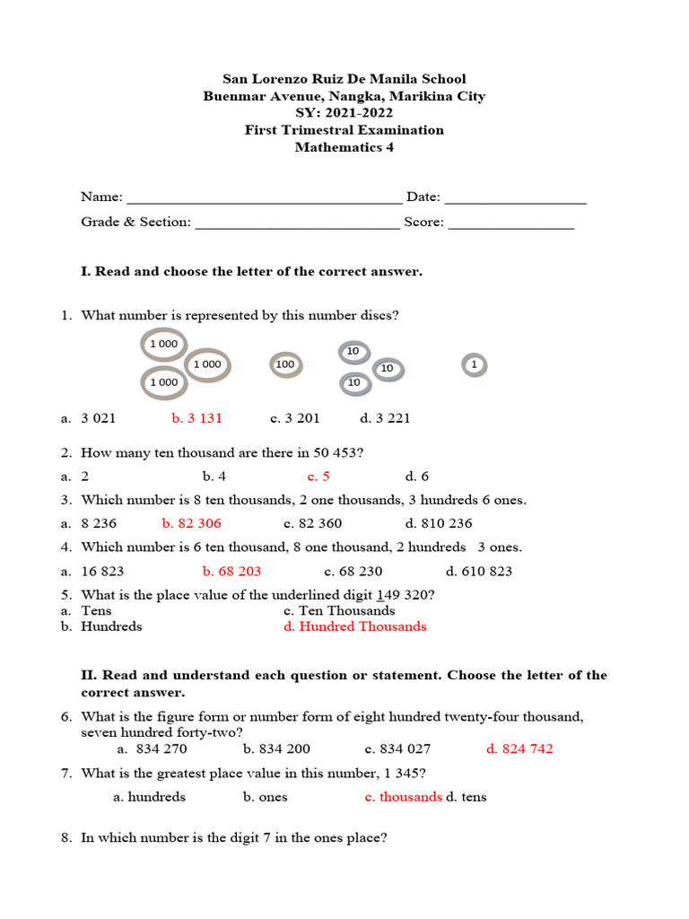 1ST Trimestral Exam Math 4 | PDF | Mathematics