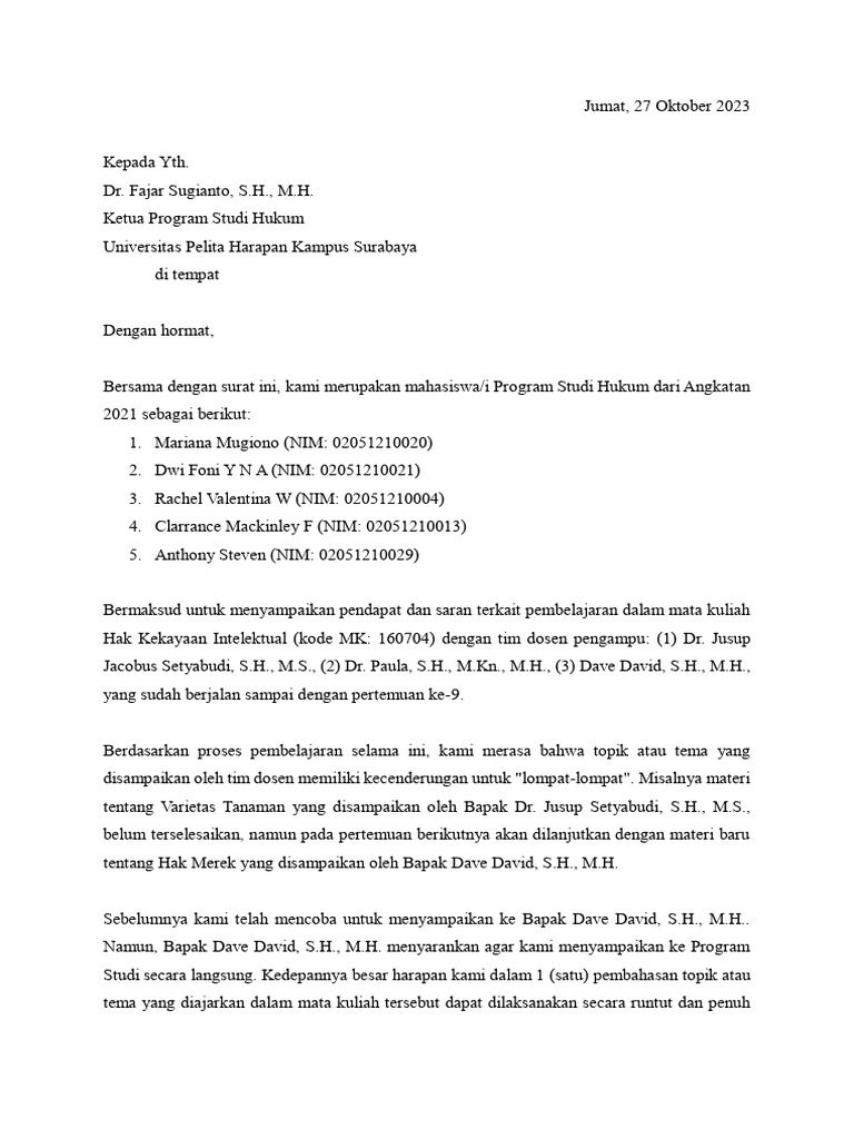 Surat Untuk UPH Tentang Solusi HAKI | PDF