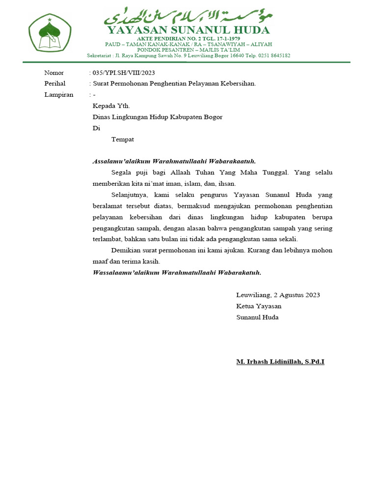 Surat Permohonan Penghentian Kebersihan | PDF
