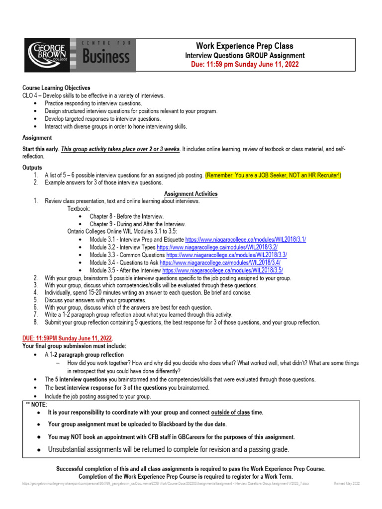 Assignment - Interview Questions Group Assignment W2023 - 7 | PDF | Interview | Behavior ...