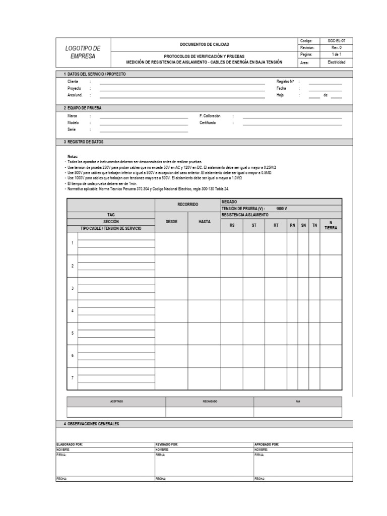 PT-07-424-15 PROTOCOLO MEGADO DE CABLES | PDF | Ingenieria Eléctrica ...