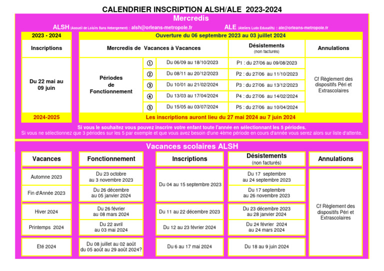 Calendrier Inscriptions ALSH 2023-2024 | PDF