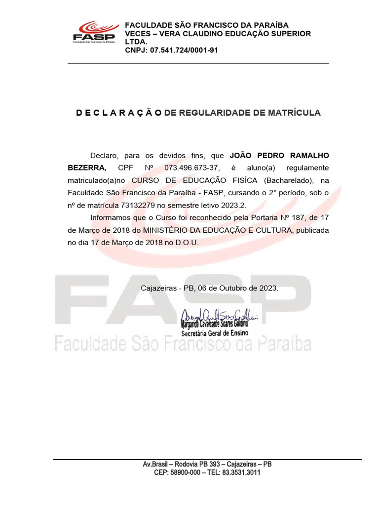 Declaração de Cursando Educação Física | PDF