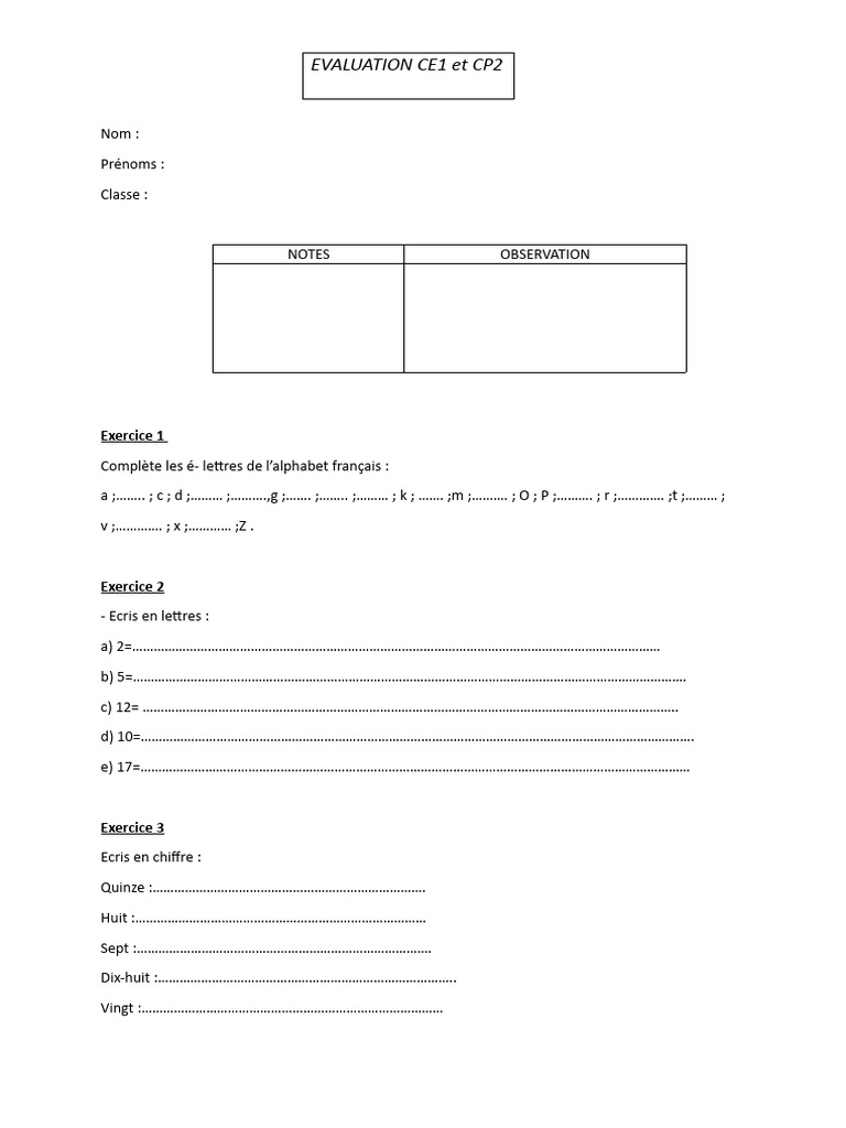 EVALUATION CE1 Et CP2 | PDF