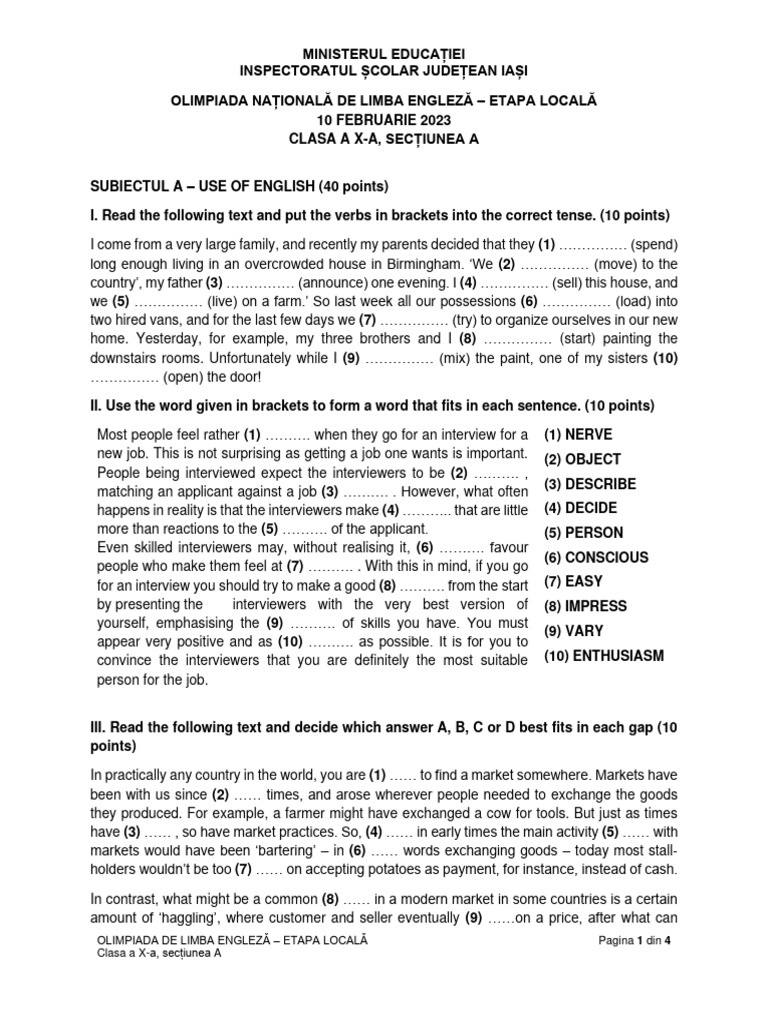 05 Olen 2023 Subiect X Sectiunea A | PDF