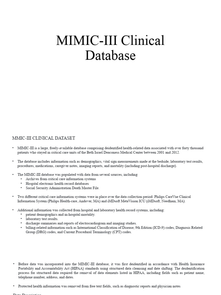 MIMIC Database | PDF | Medical Record | Health Insurance Portability And Accountability Act