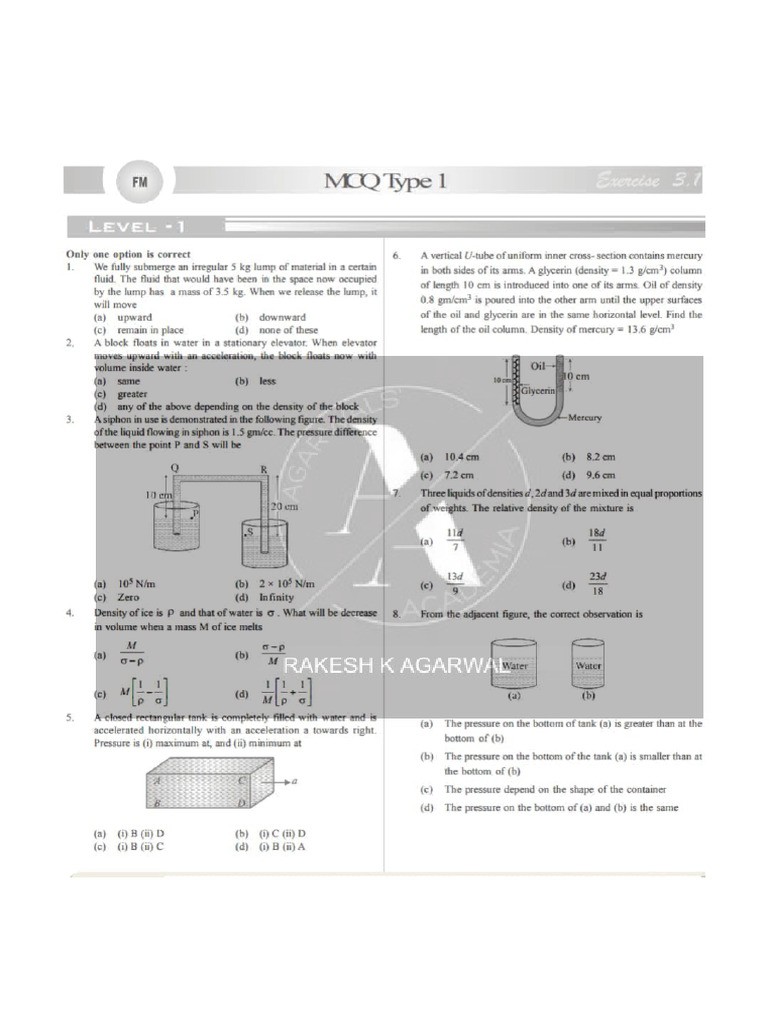 Jee Mains Physics Mechanical Properties of Fluids MCQ 1 | PDF | Buoyancy | Density