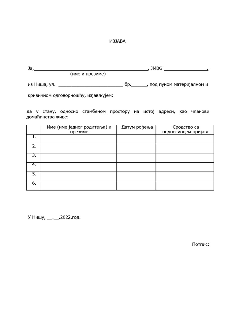 Obrazac Izjave o Clanovima Domacinstva | PDF