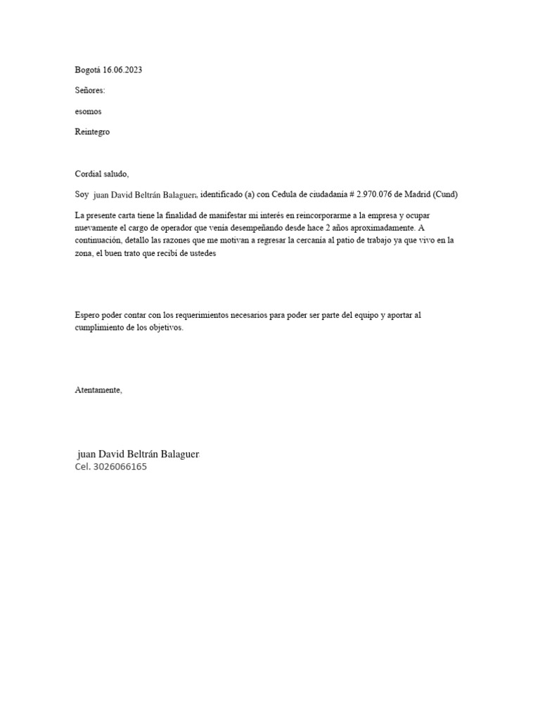 Carta de Reintegro | PDF