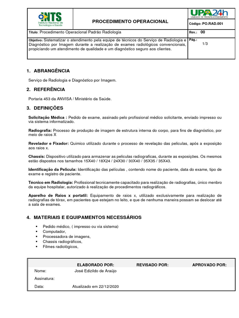 POP Radiologia: Atendimento e Procedimentos | PDF | Radiologia ...