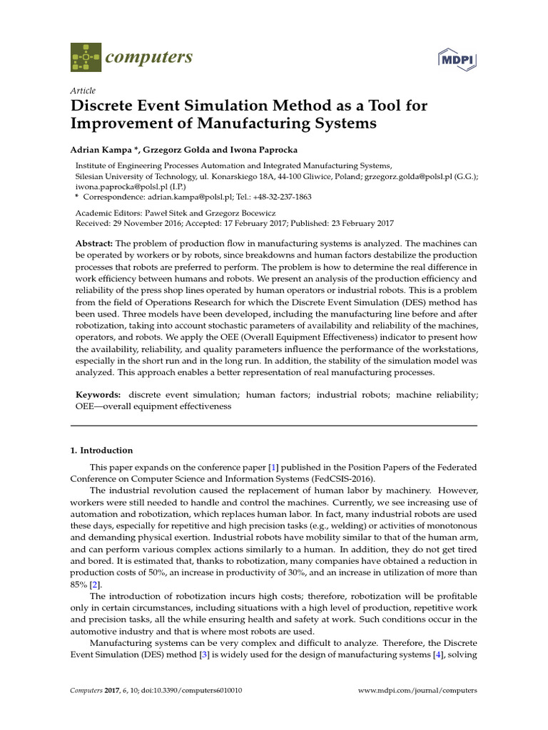 Discrete Event Simulation Method As A Tool For Improvement of Manufacturing Systems | Download ...