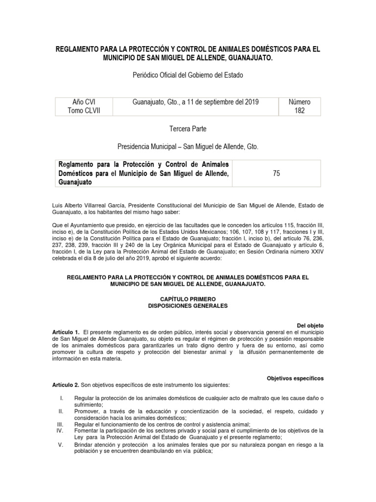 Reglamento para La Proteccion y Control de Animales Domesticos para El Municipio de San Miguel ...