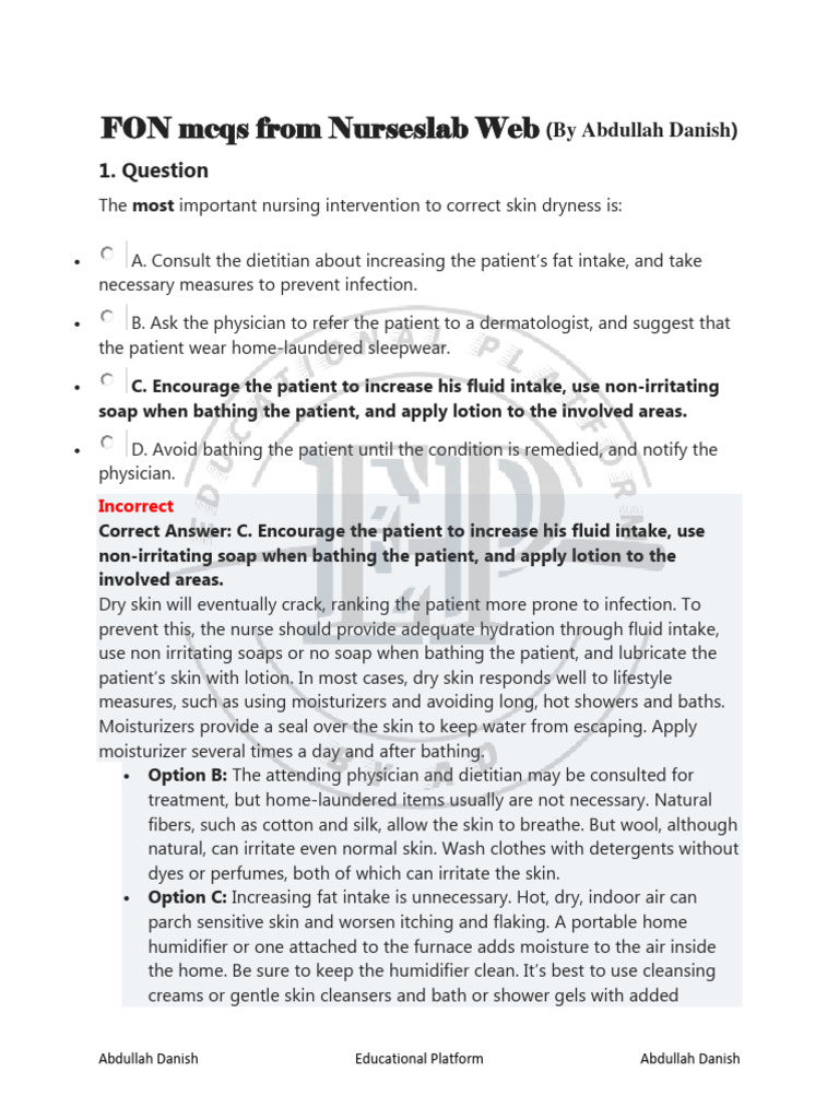 FON Mcqs From Nurses Lab Web by Abdullah Danish, Educational Platform | PDF | Sleep ...