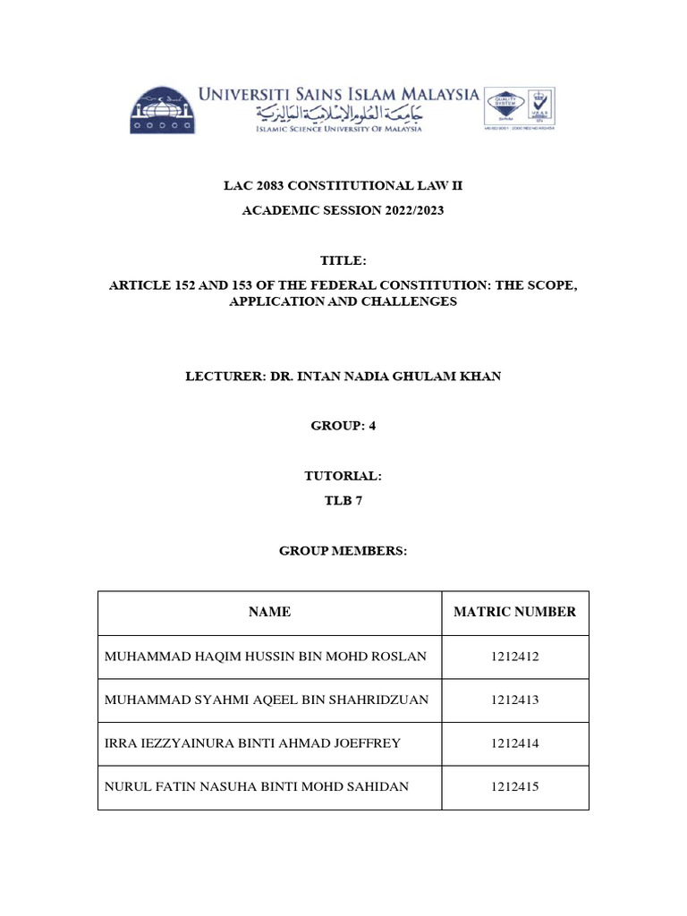 Article 152 And 153 Of The Federal Constitution Pdf Malaysia