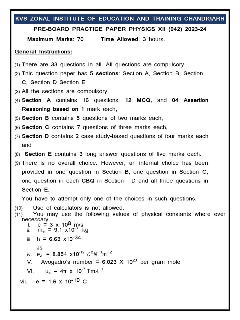 Practice Paper Pre Board Xii Phy 2023-24 | PDF | Photoelectric Effect | Electron
