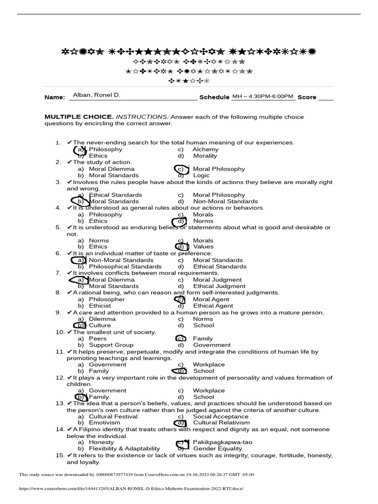 ALBAN RONEL D. Ethics Midterm Examination 2022 RTU | PDF | Morality | Philosophical Theories