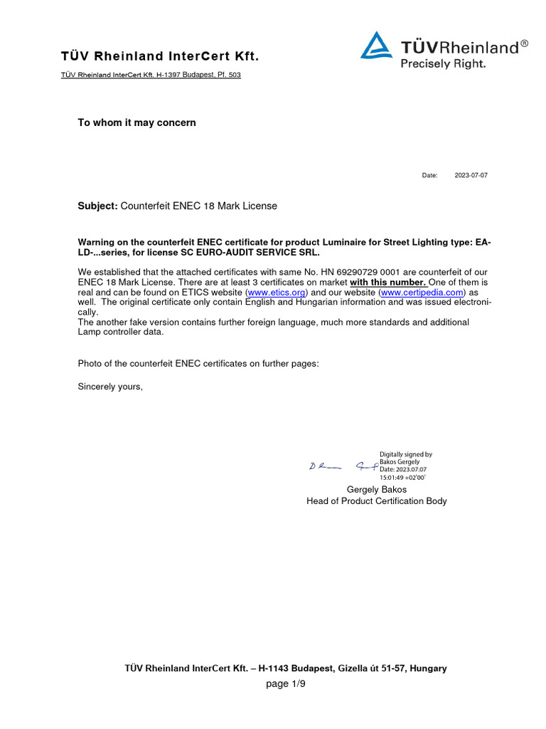 Counterfeit ENEC Certificate Alert | PDF