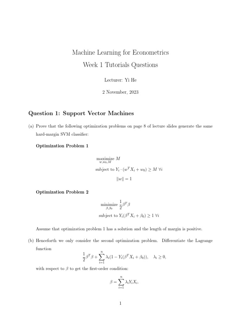 Tute1 Questions | PDF | Support Vector Machine | Mathematical Optimization
