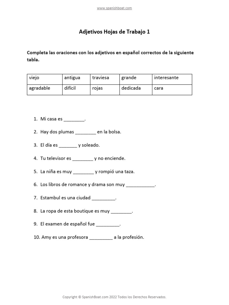 Adjetivos Hojas de Trabajo 1 | PDF