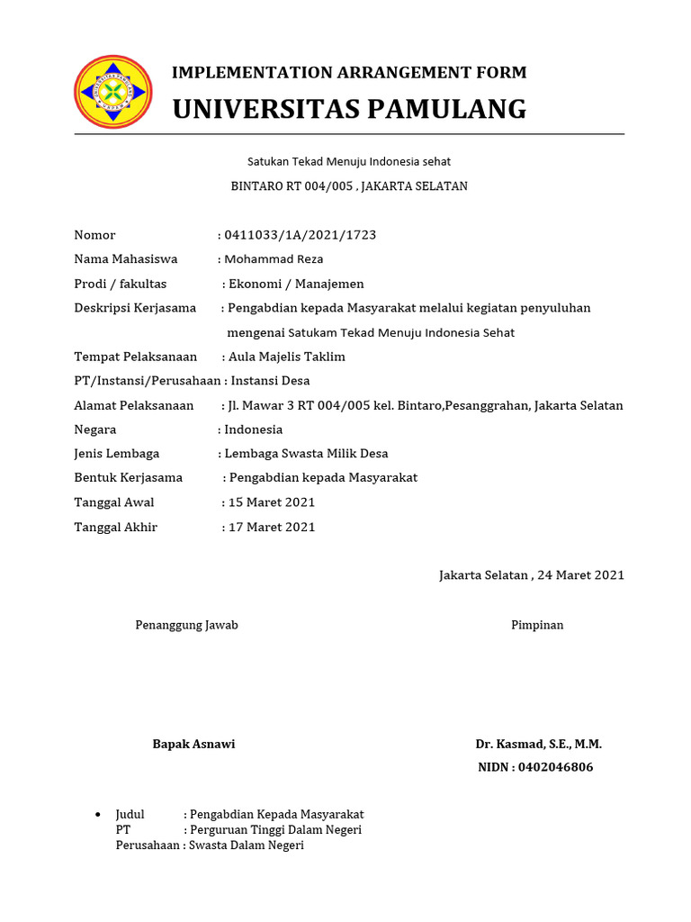 Contoh Formulir Arrangement Implementasi | PDF