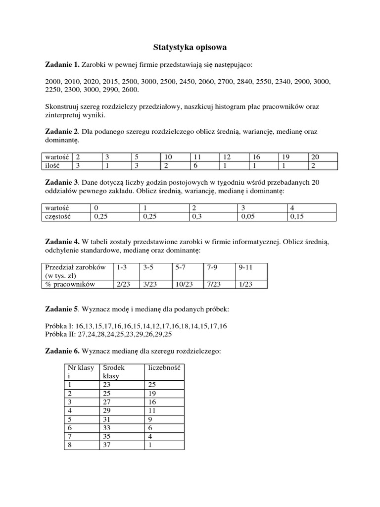 Statystyka Opisowa - Zadania | PDF