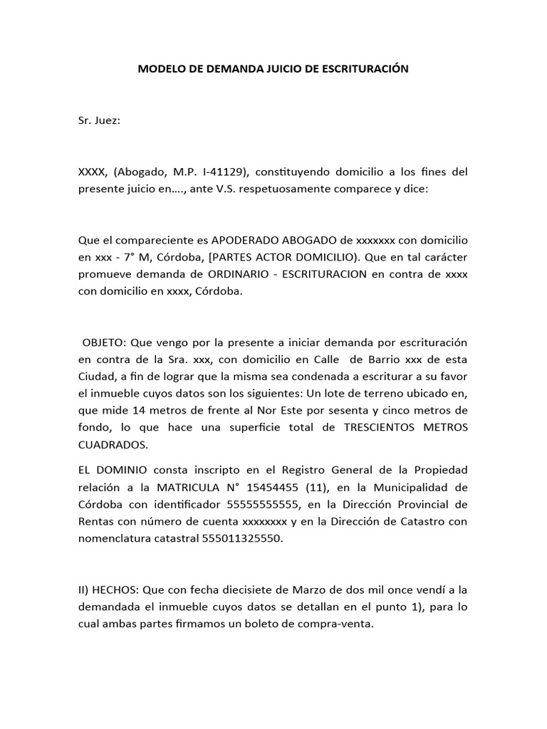 MODELO DE DEMANDA JUICIO DE ESCRITURACIÓN | PDF | Justicia | Crimen y ...